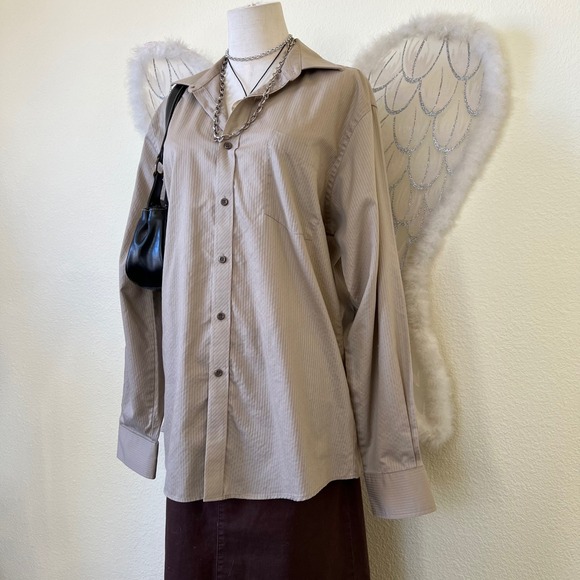 Van Heusen | Tops | Indie Grunge Granola Girl Tan Pinstripe Long Sleeve ...